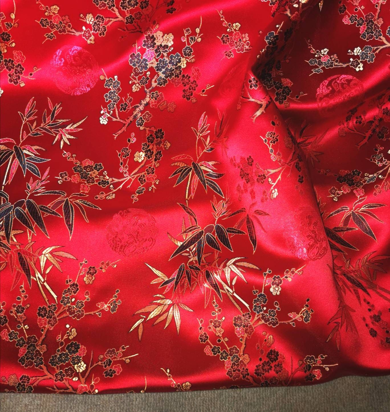 Satin Red Brocade Fabric With Chinese Floral Print 47” Wide Price 1 ...