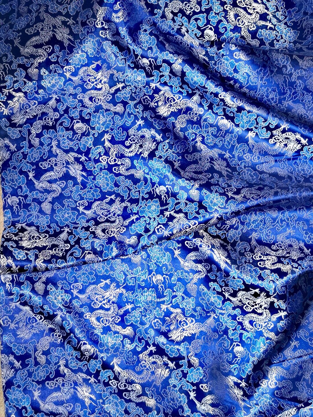 Royal Blue Brocade Fabric With Chinese Silver Dragon Print 46 Inch Wide ...