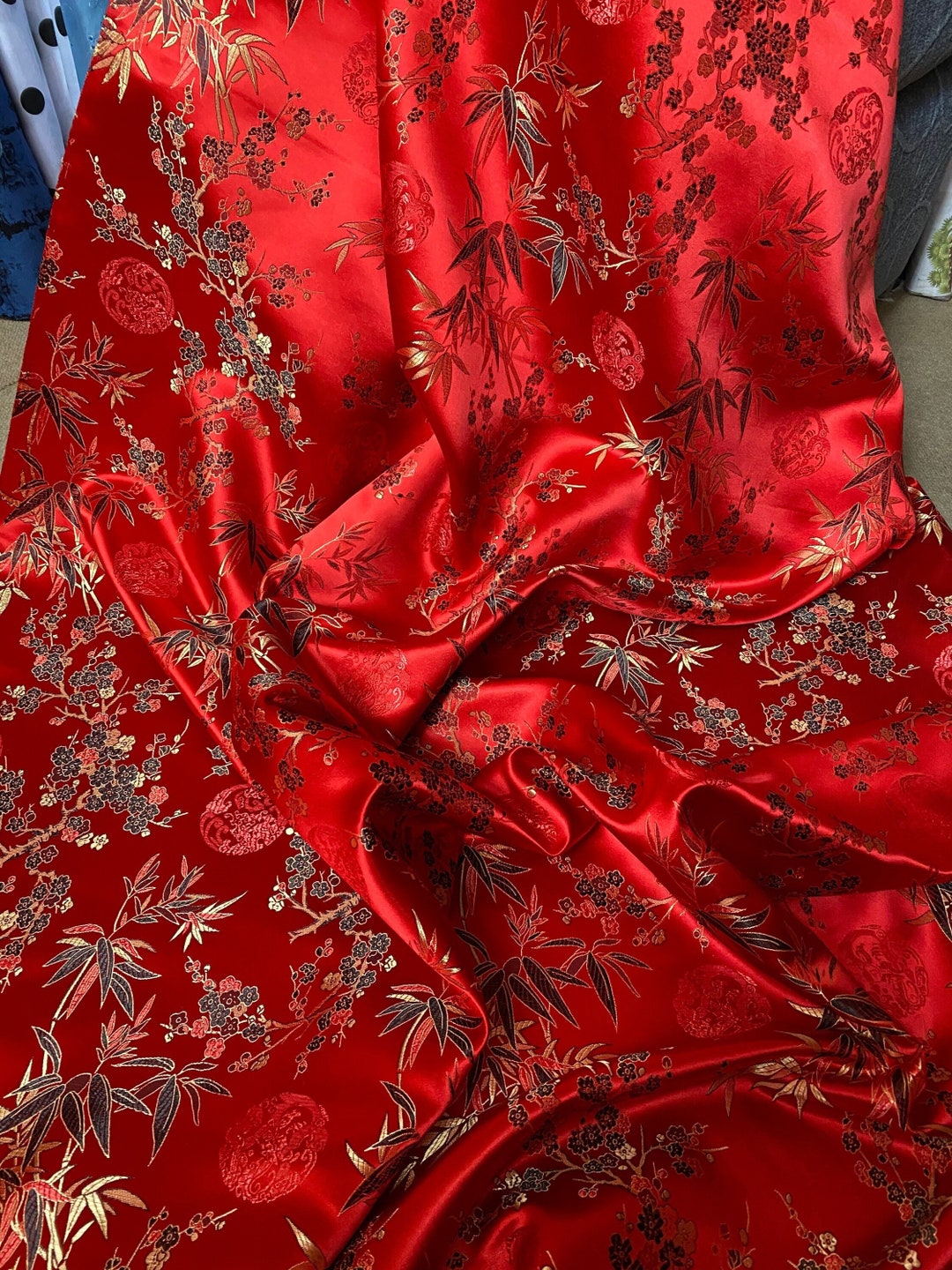 Satin Red Brocade Fabric With Chinese Floral Print 47” Wide Price 1 ...