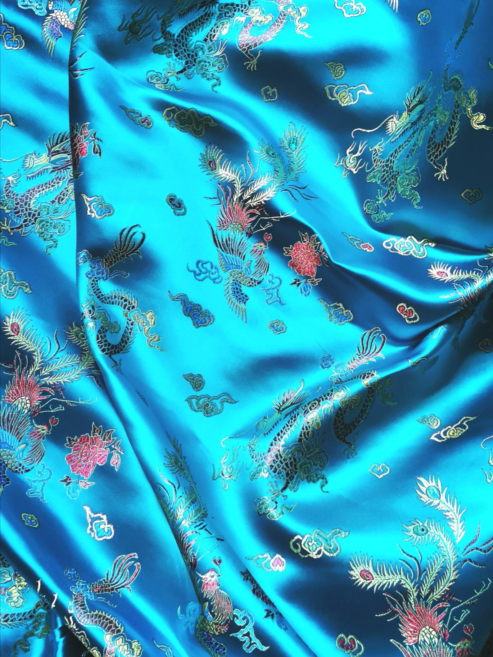 Turquoise Brocade Fabric With Chinese Gold Dragon Print 46 - Etsy