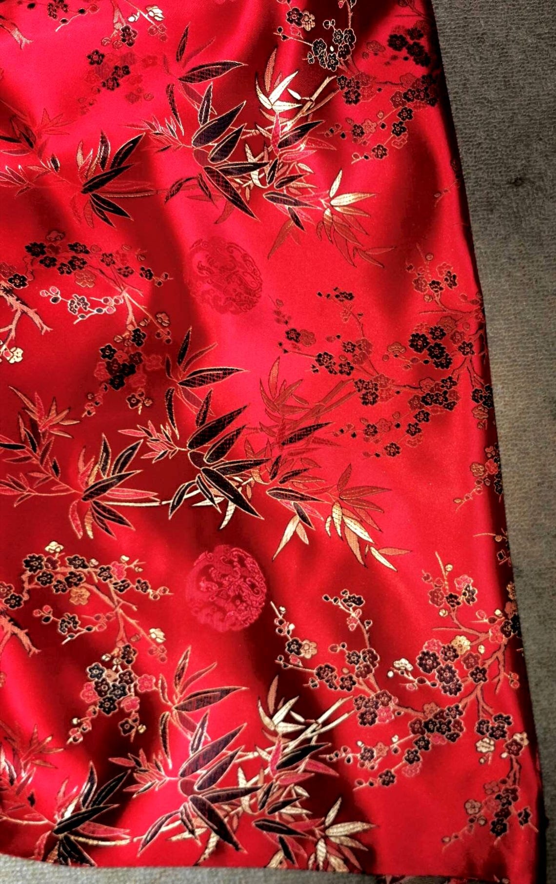 Satin Red Brocade Fabric With Chinese Floral Print 47” Wide Price 1 ...