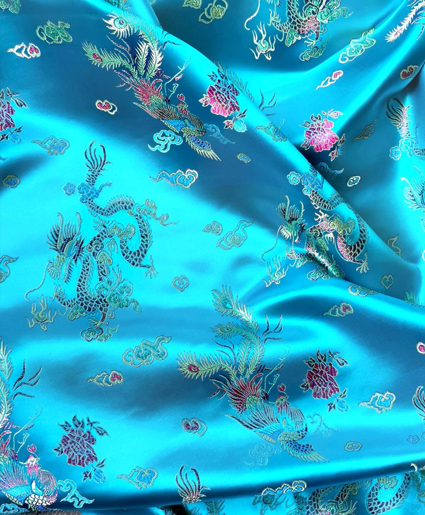 Turquoise Brocade Fabric With Chinese Gold Dragon Print 46 Inch Wide ...