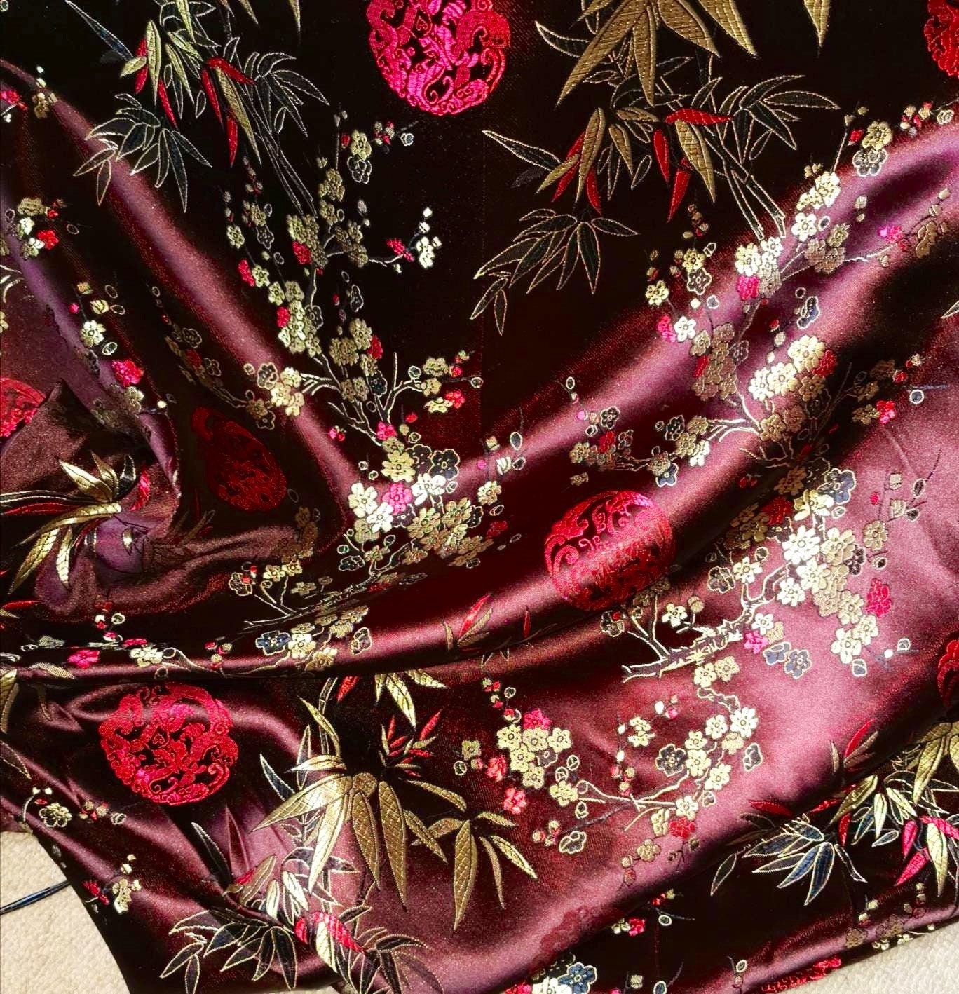 Dark Brown Silky Satin Brocade Fabric With Chinese Floral Print 47wide ...