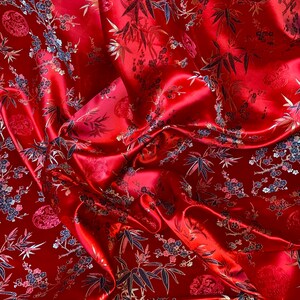 Satin Red Brocade Fabric With Chinese Floral Print 47” Wide Price 1 ...