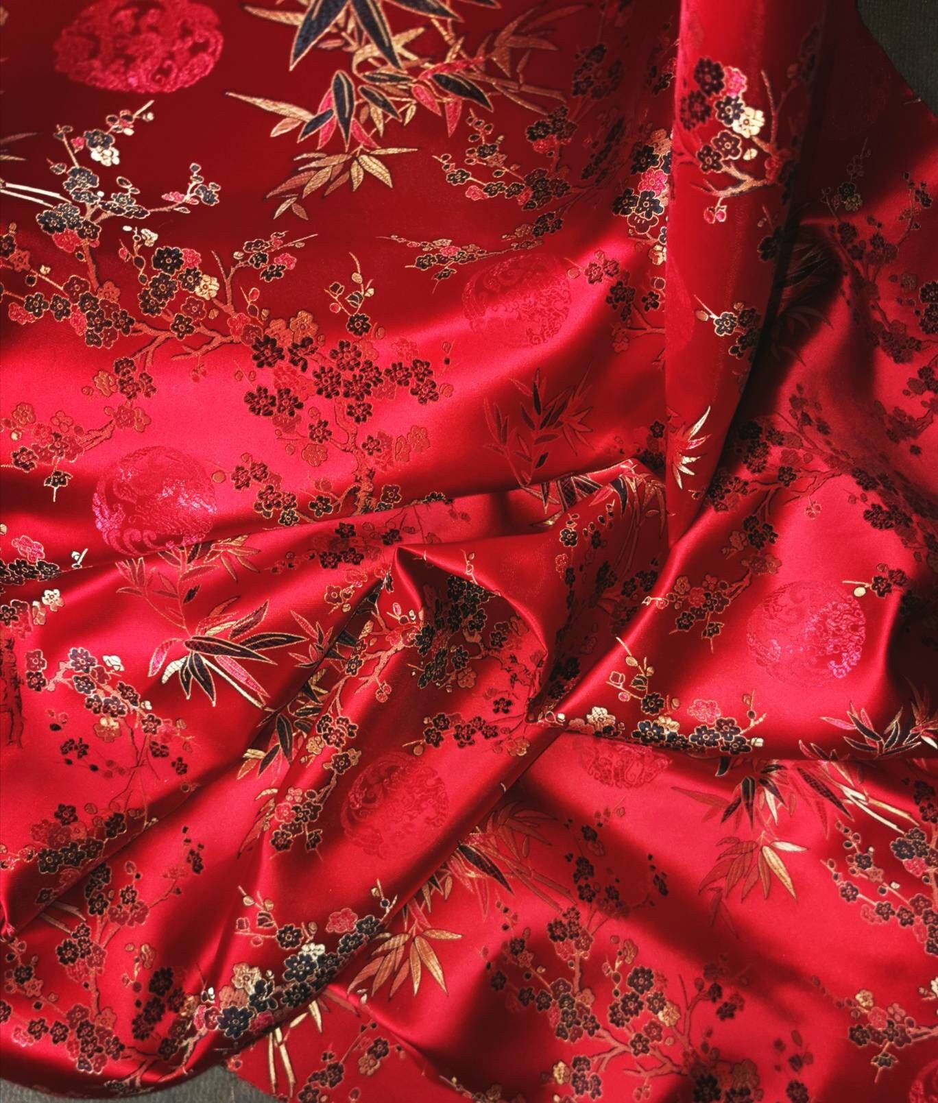 Satin Red Brocade Fabric With Chinese Floral Print 47” Wide Price 1 ...