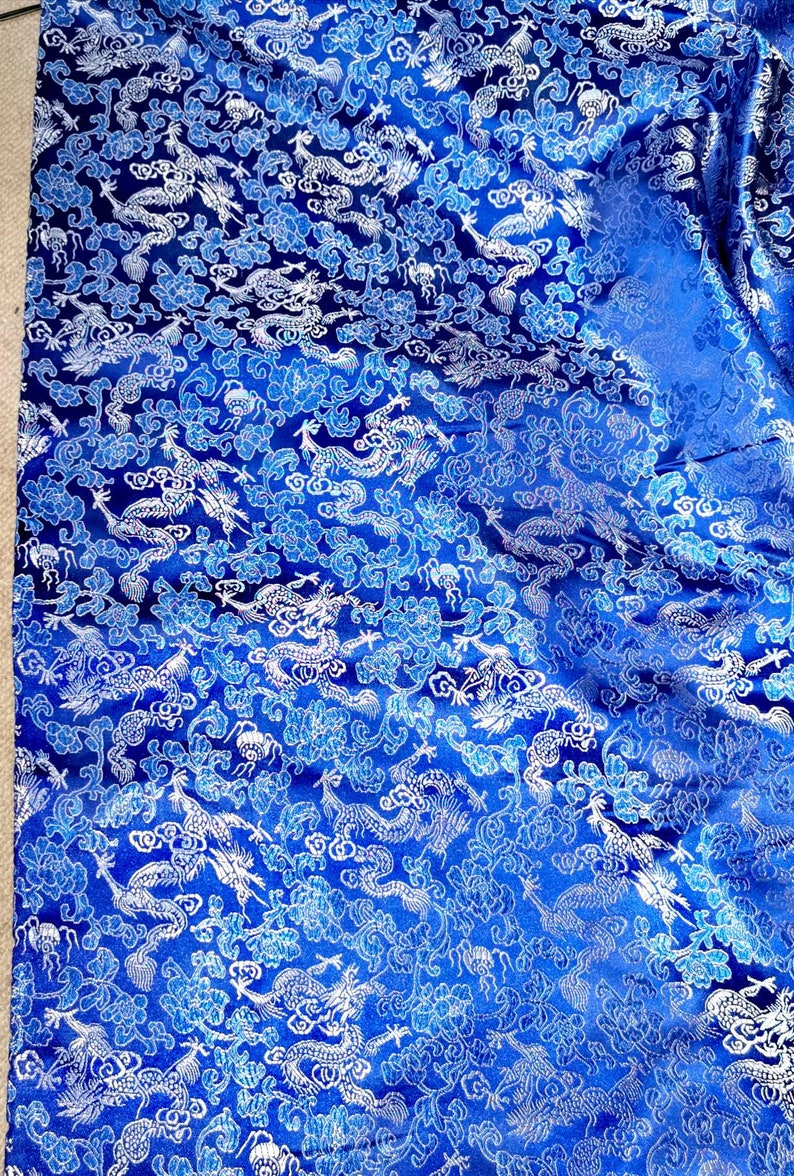 Royal Blue Brocade Fabric With Chinese Silver Dragon Print 46 Inch Wide ...