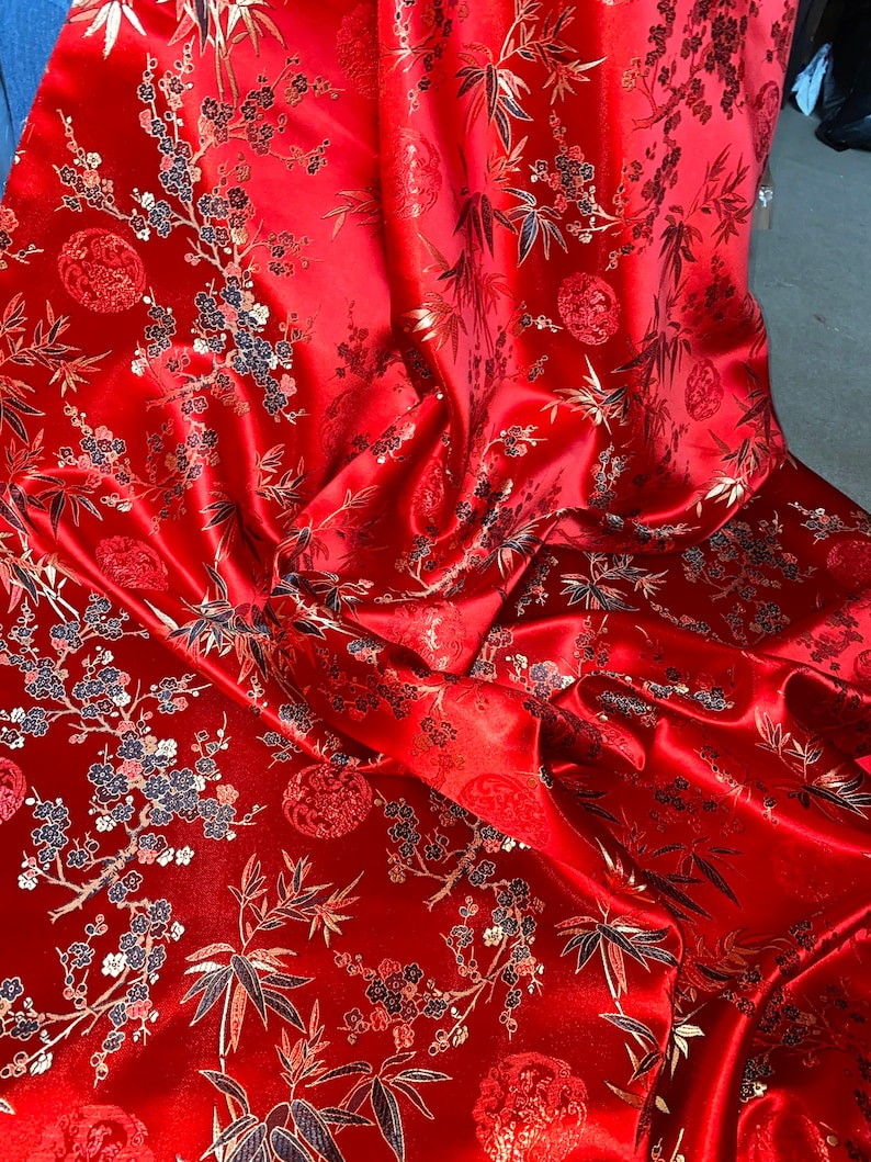 Satin Red Brocade Fabric With Chinese Floral Print 47” Wide Price 1 ...