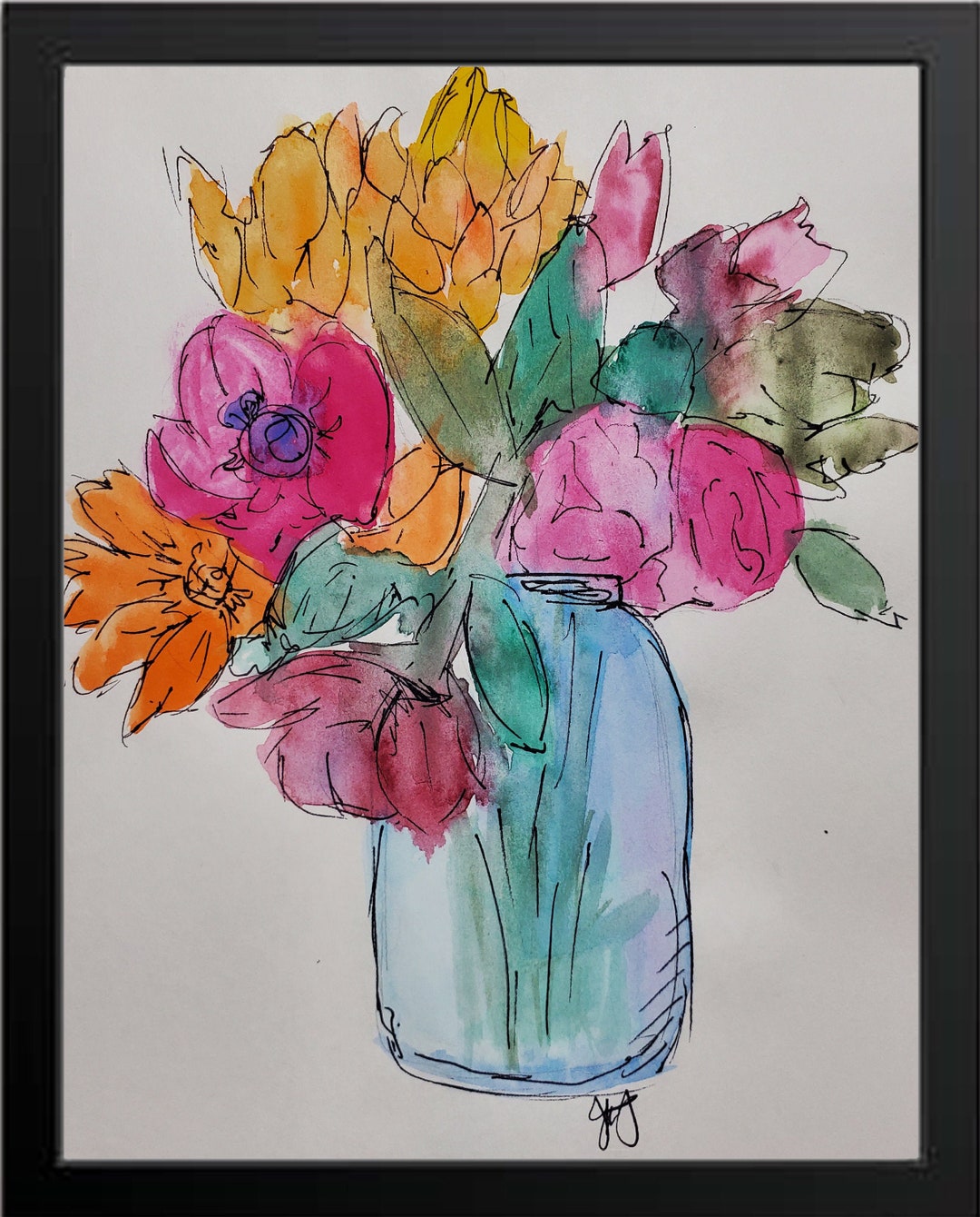 Mason Jar Flower Bouquet Watercolor Painting - Etsy