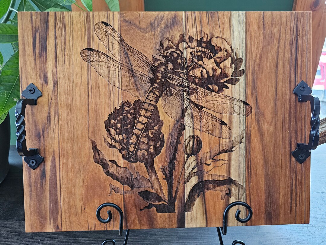 Laser Engraved Dragonfly on a Flower Teak Wood Charcuterie Board or ...