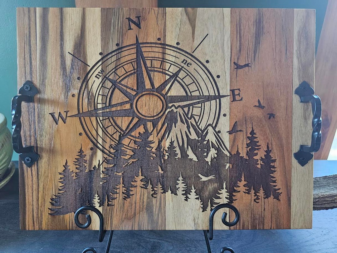 Laser Engraved Mountain Compass Teak Wood Charcuterie Board or Cutting ...