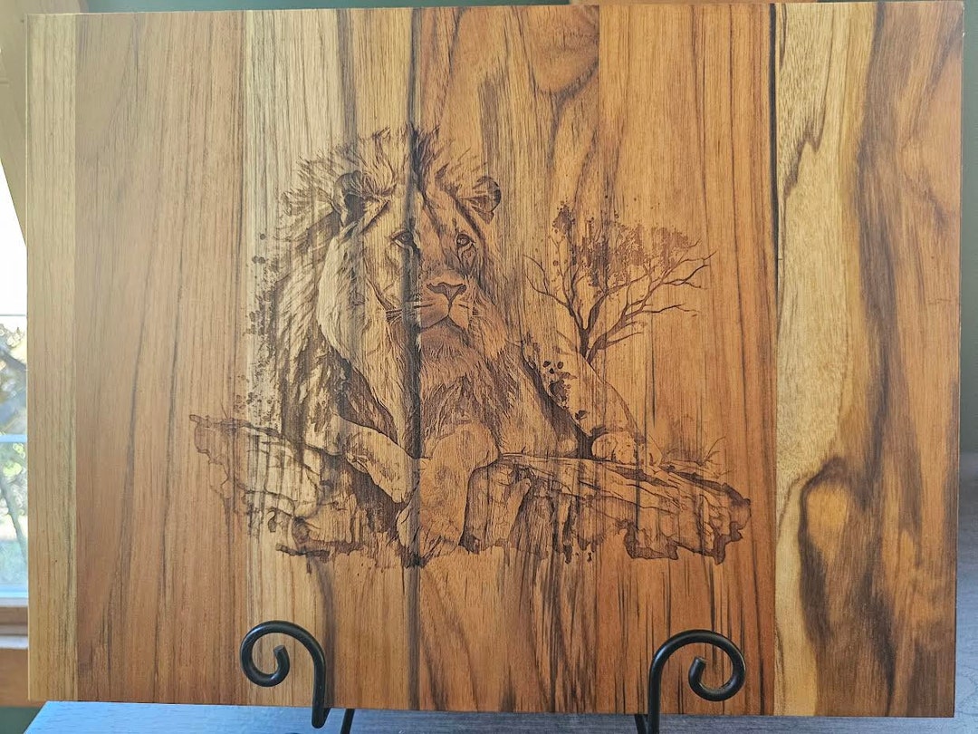 Laser Engraved Lion on Rock Teak Wood Charcuterie Board or Cutting ...