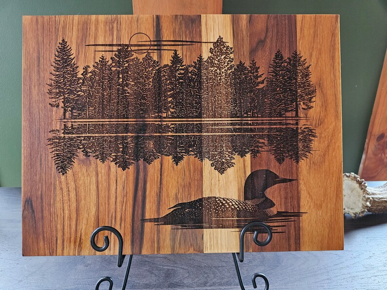 Laser Engraved Loon With Island Reflection Teak Wood Charcuterie Board ...