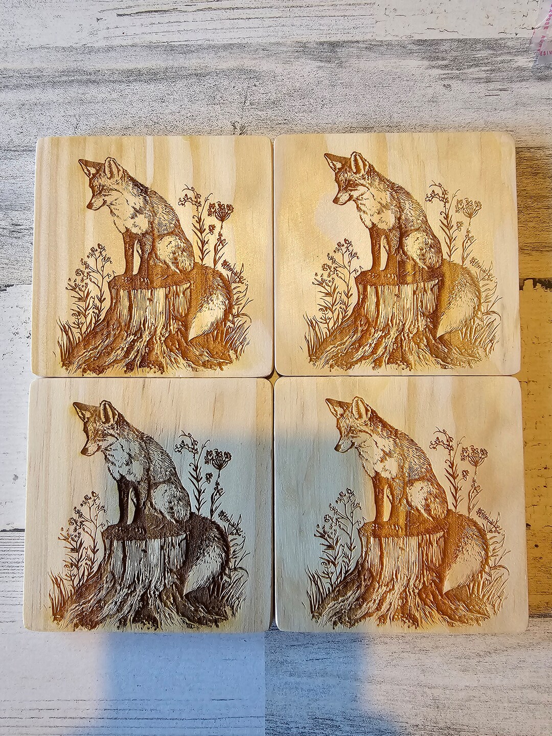 Laser Engraved Fox Wooden Coasters - Etsy