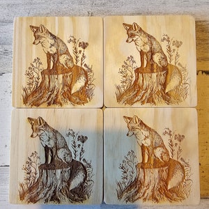 Laser Engraved Fox Wooden Coasters - Etsy
