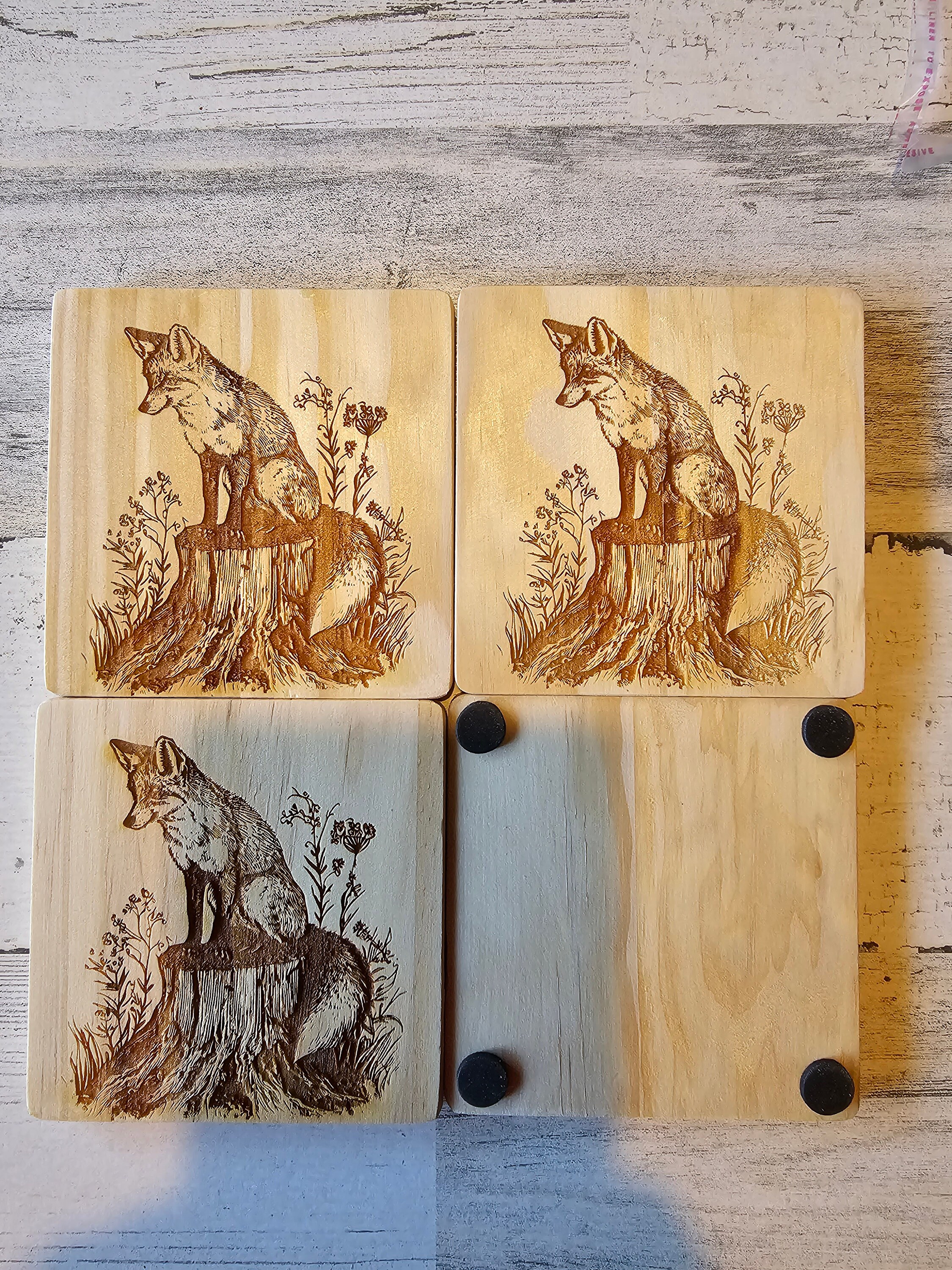 Laser Engraved Fox Wooden Coasters - Etsy