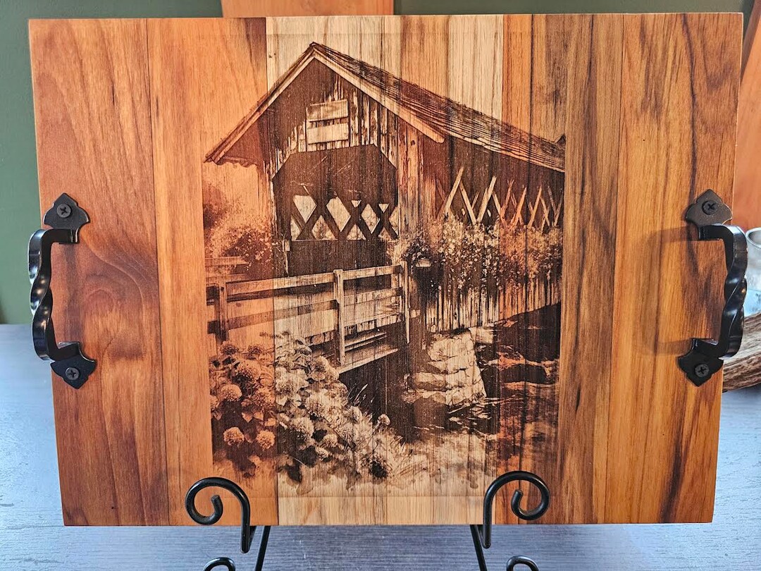 Laser Engraved Covered Bridge Teakwood Charcuterie Board or Cutting ...