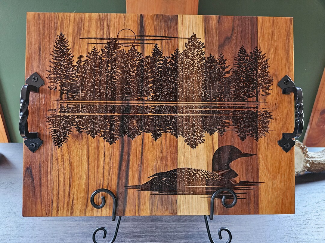Laser Engraved Loon With Island Reflection Teak Wood Charcuterie Board ...