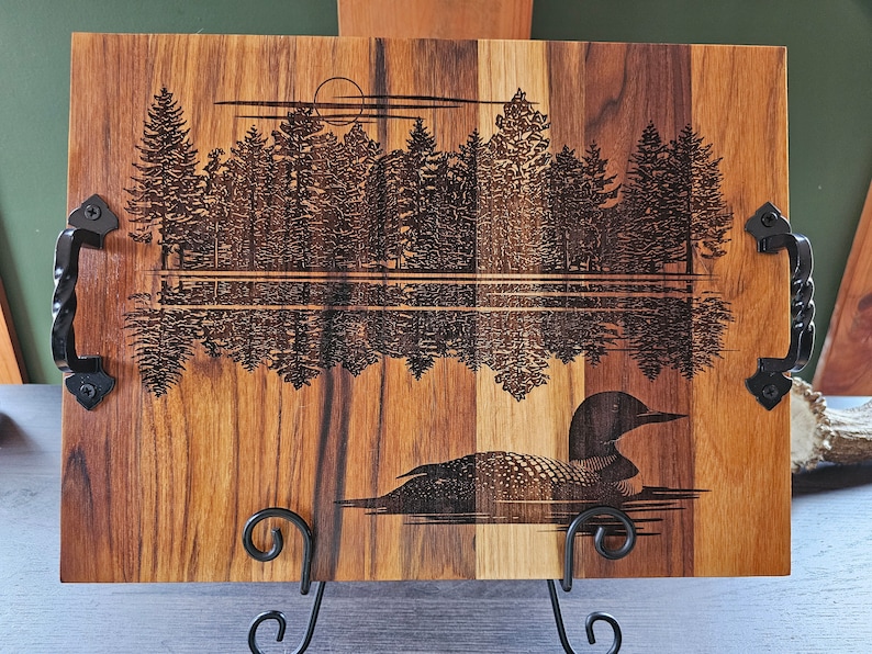 Laser Engraved Loon With Island Reflection Teak Wood Charcuterie Board ...
