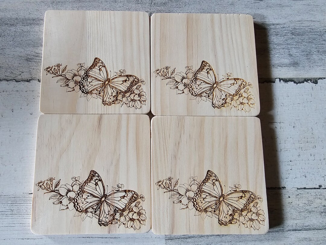 Laser Engraved Butterfly Wooden Coasters - Etsy