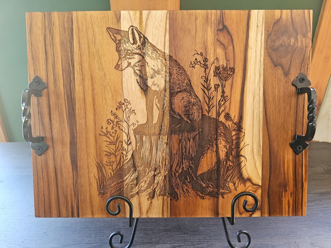 Laser Engraved Fox on a Stump Teak Wood Charcuterie Board or Cutting ...