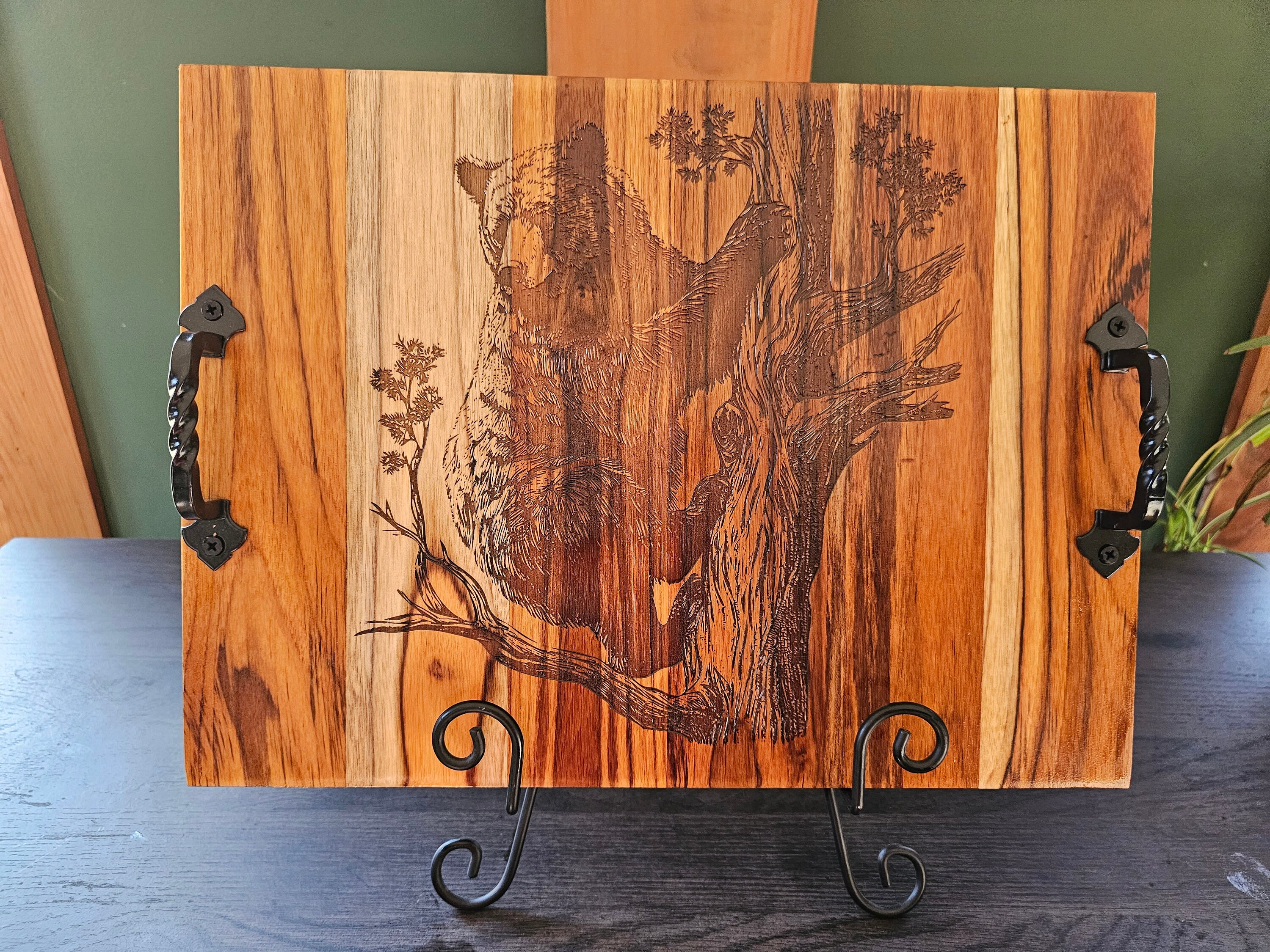 Laser Engraved Bear in Tree Teak Wood Charcuterie Board or Cutting ...