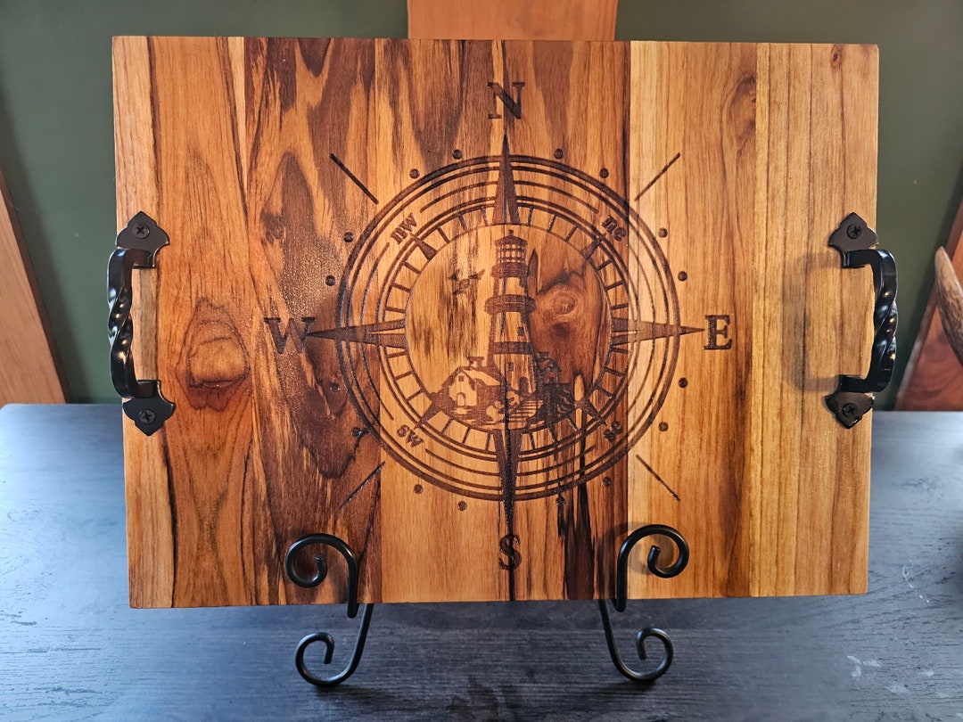 Laser Engraved Lighthouse in a Compass Teak Wood Charcuterie Board or ...