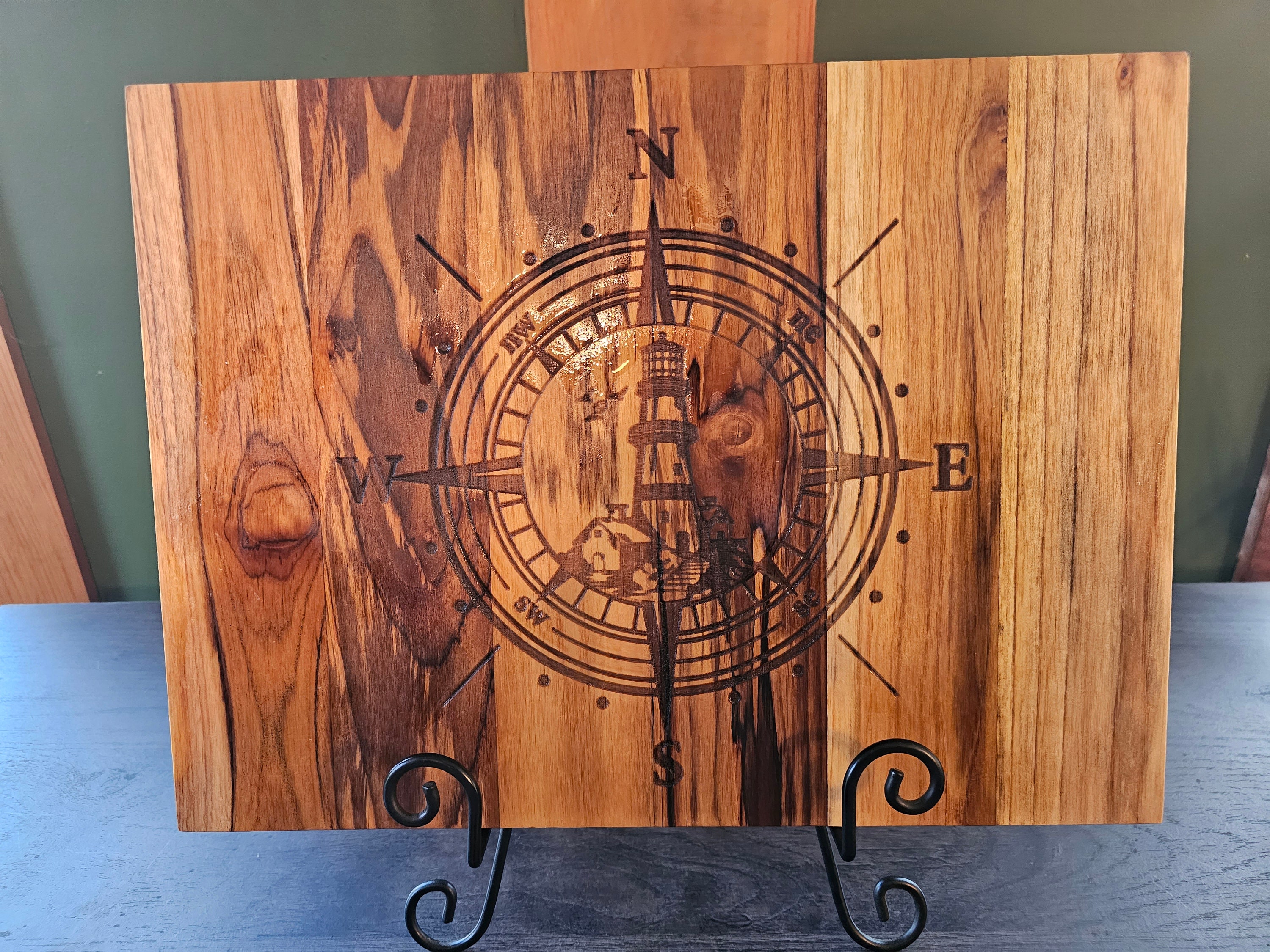 Laser Engraved Lighthouse in a Compass Teak Wood Charcuterie Board or ...
