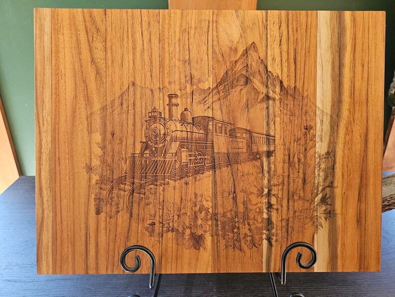 Laser Train in the Mountains Teak Wood Charcuterie Board or Cutting ...