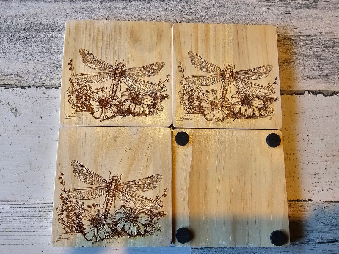 Laser Engraved Dragonfly Wooden Coasters - Etsy
