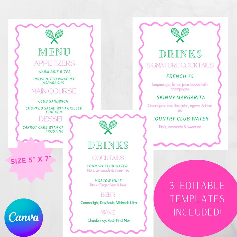 Cocktails and Country Club DRINK MENU TEMPLATE | Preppy Drink Menu ...