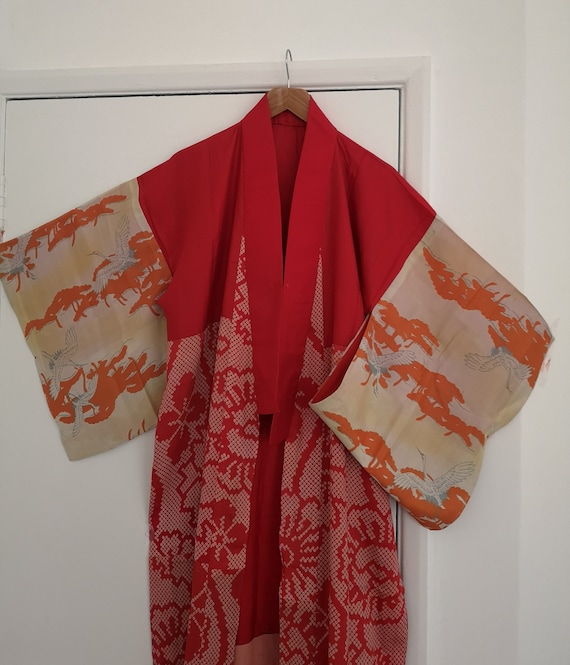 Vintage Japanese juban kimono in red silk fabric/ bei… - Gem