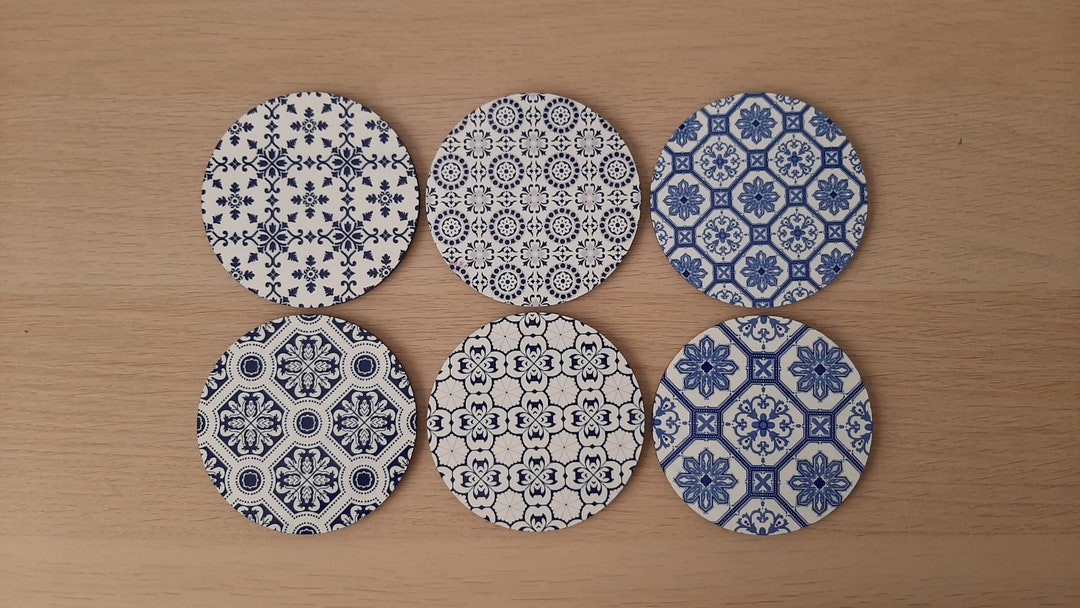 Coasters Set, Wooden, Azulejos Patterns, Portugal Tiles, Inspired in ...