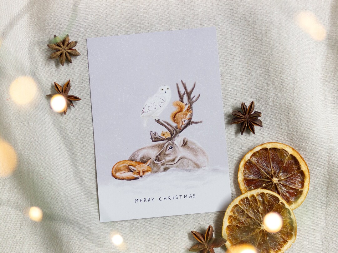 Weihnachtskarte Rentier Merry Christmas | Postkarte mit Rentier, Fuchs ...