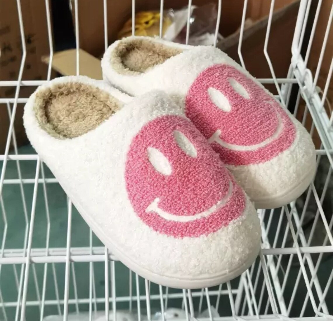 Smiley Face Slippers Unisex Fluffy Faux Fur Cotton Deco Etsy