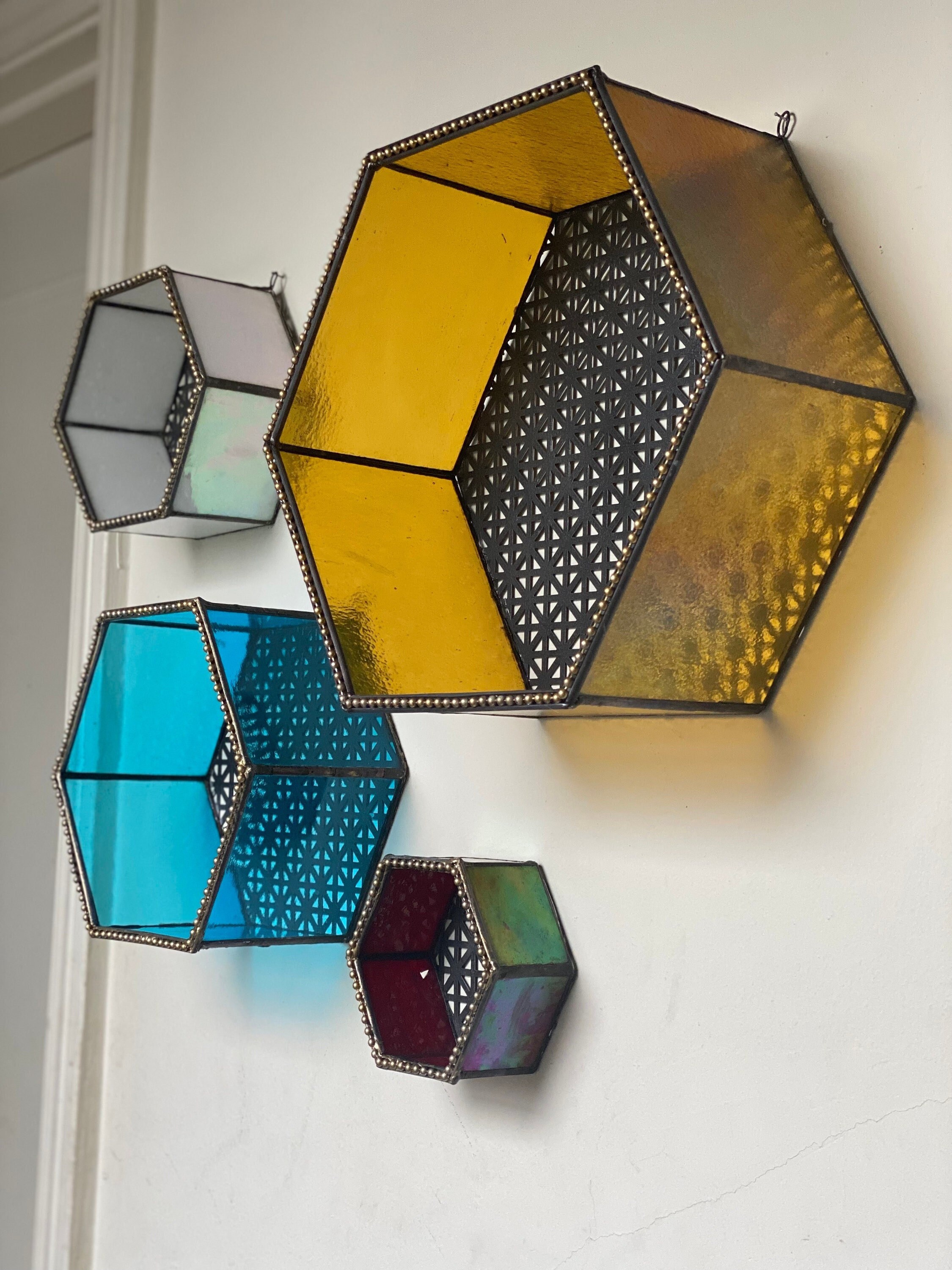 Stained Glass Pentagon Shelf Set, Glass Shelves, Stained Glass Wall Art ...