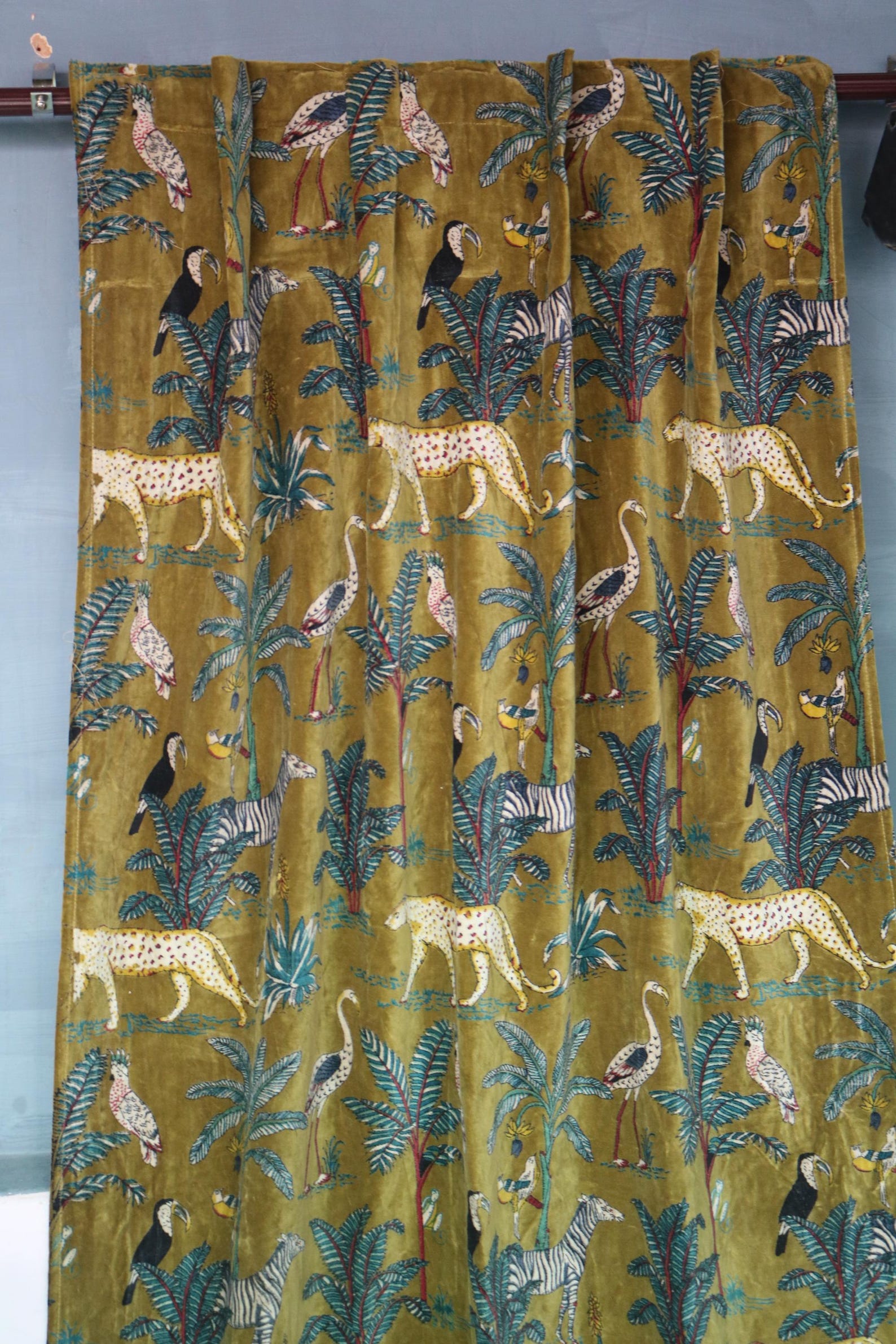 Indian Cotton Velvet Curtain: Green Jungle Print Boho Drapes Back Tab ...