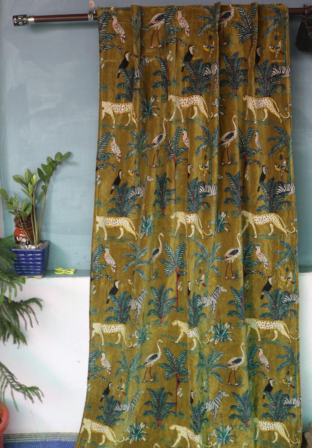 Indian Cotton Velvet Curtain: Green Jungle Print Boho Drapes Back Tab ...