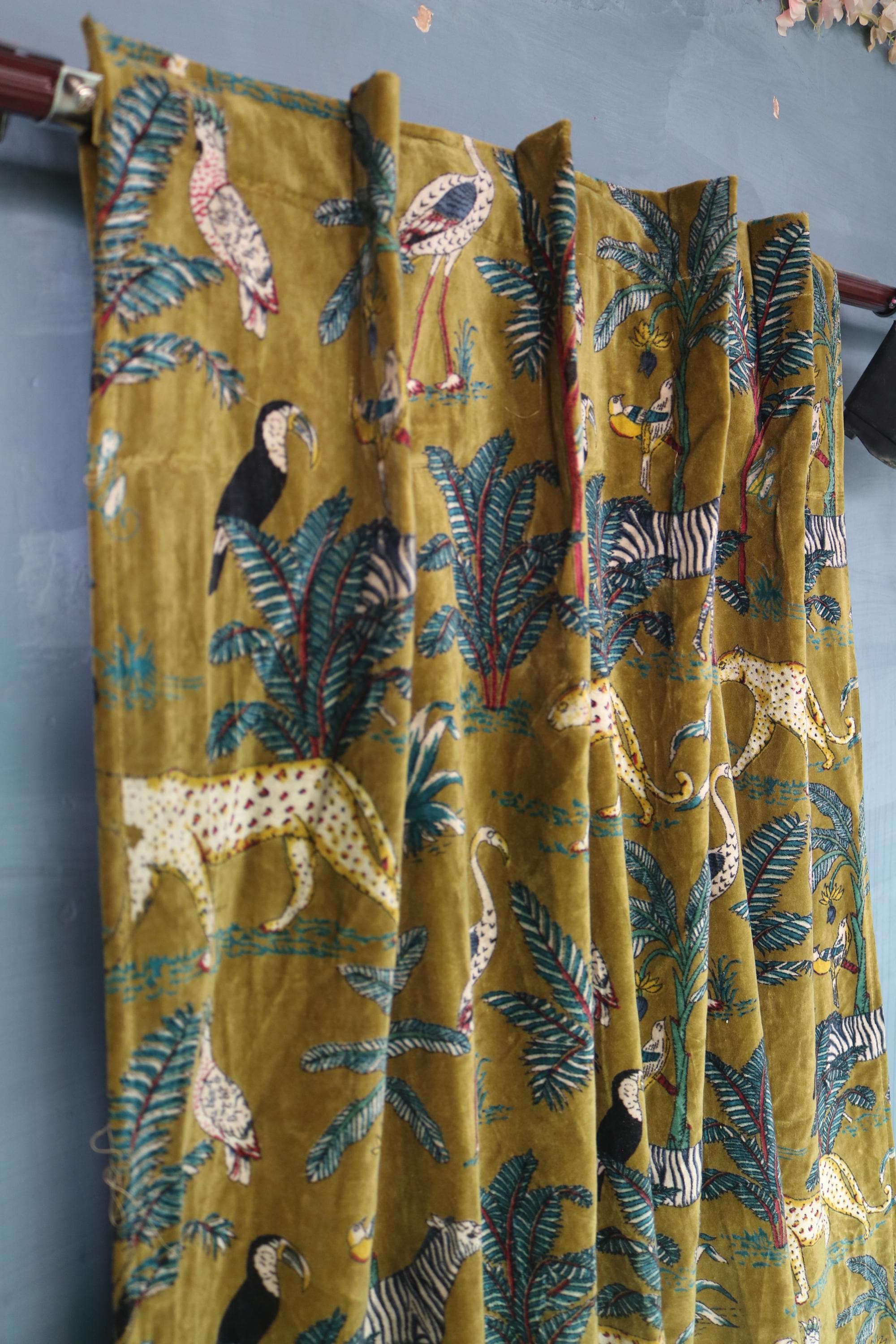 Indian Cotton Velvet Curtain: Green Jungle Print Boho Drapes Back Tab ...