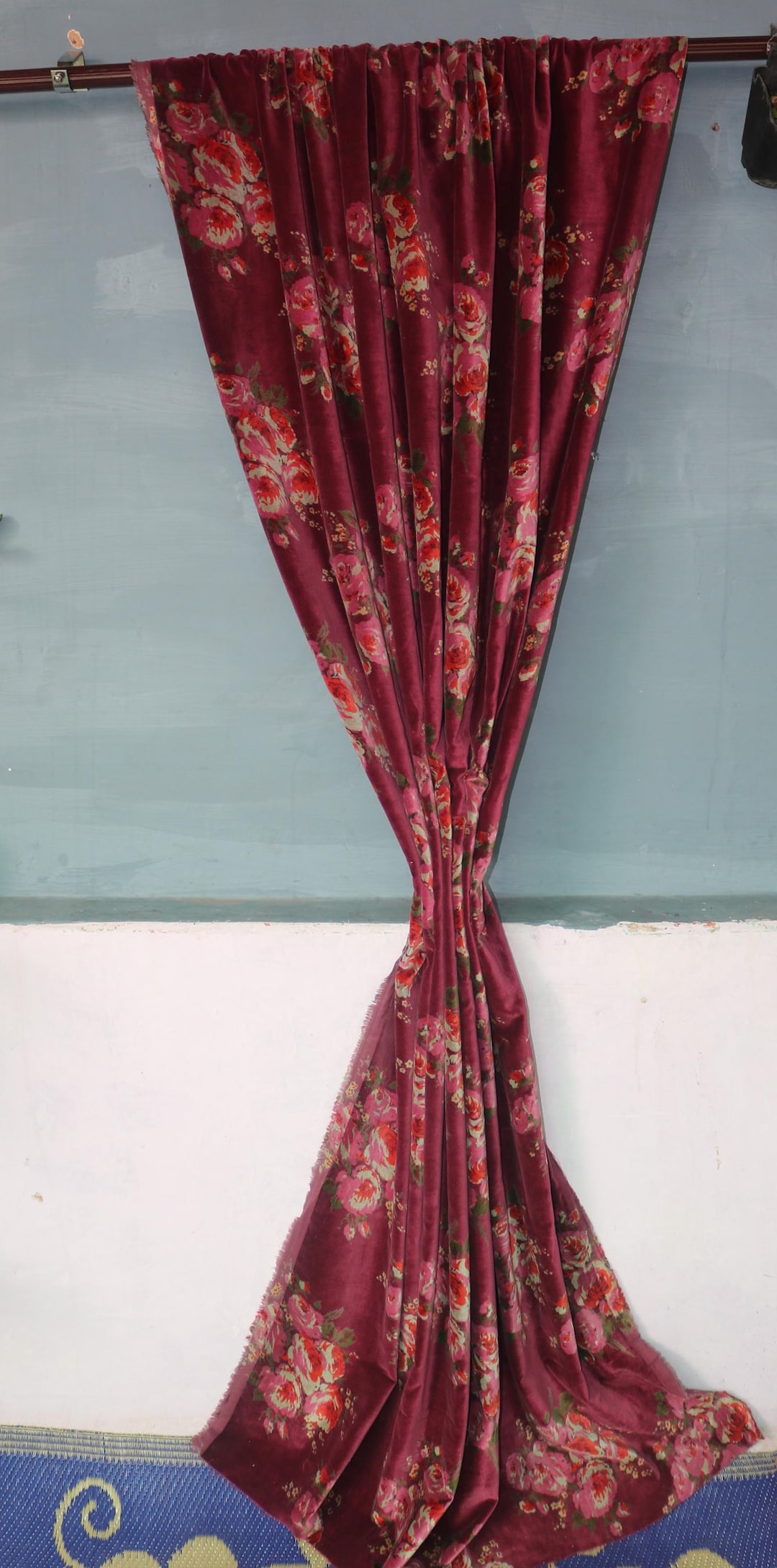 Indian Cotton Velvet Curtain: Pink Floral Print, Boho Drapes (set of 2 ...