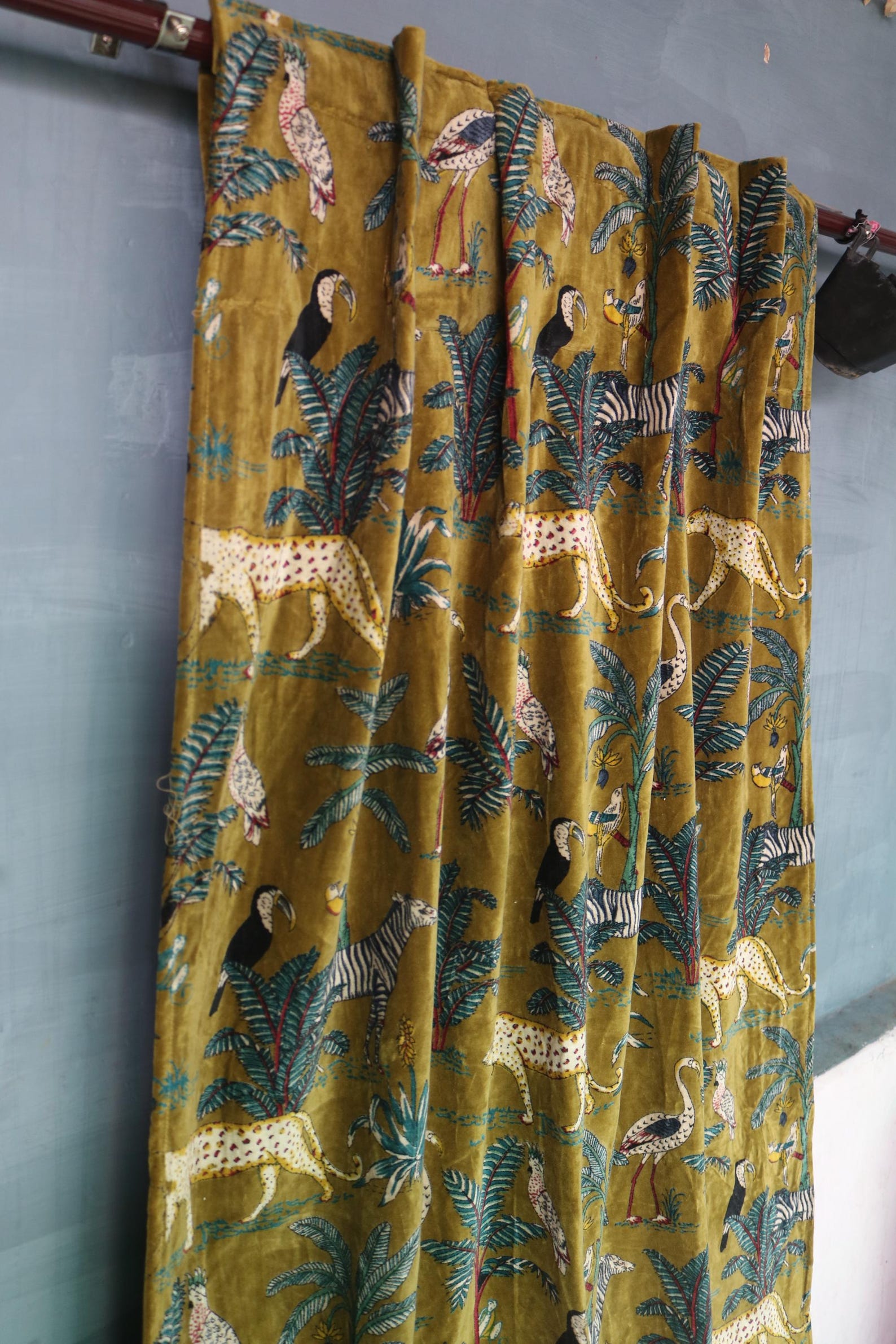 Indian Cotton Velvet Curtain: Green Jungle Print Boho Drapes Back Tab ...
