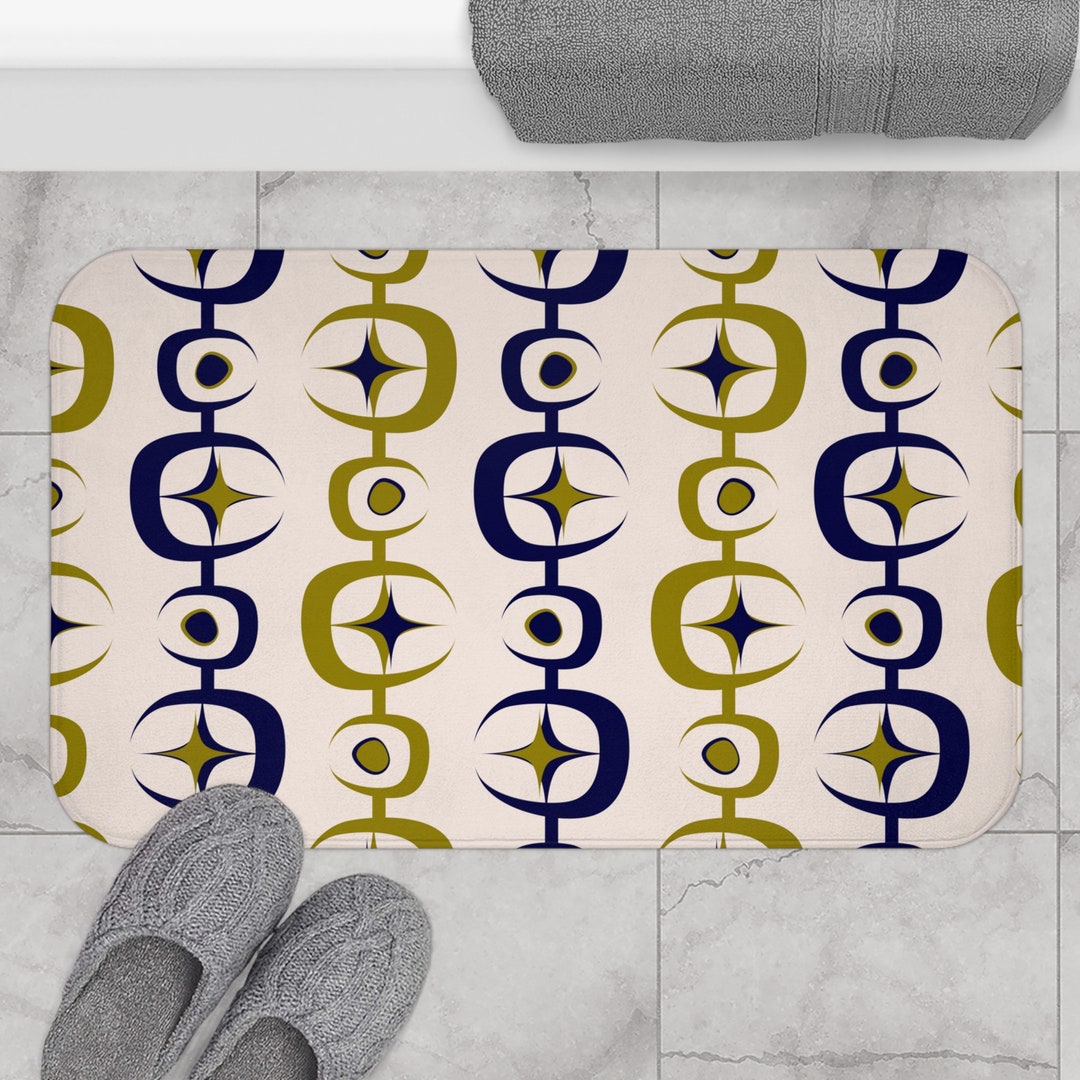 Mid Century Modern Bath Mat Retro Bathroom Mat Vintage Olive Green Navy ...