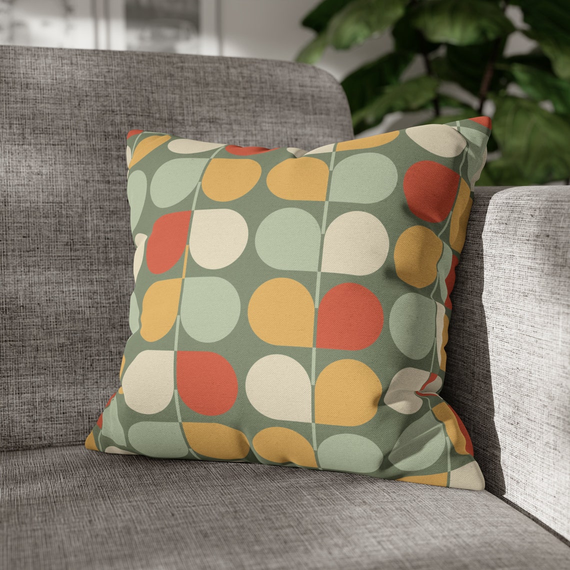 Retro Pillow Cover Green Mid Century Pillow Flower Stem Leaf Geometric ...