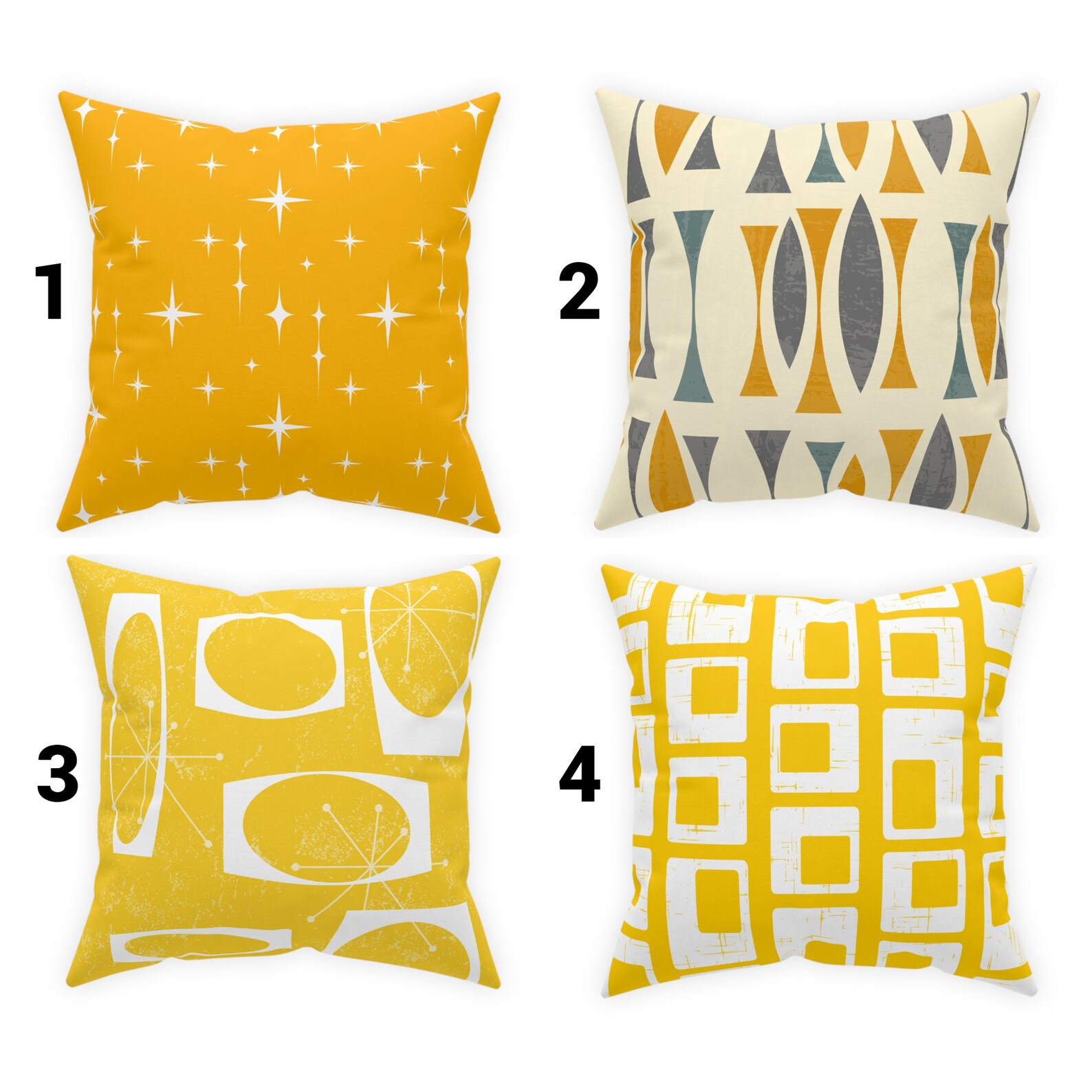Mustard Yellow Pillow Covers Retro Mid Century Modern Atomic Starburst ...