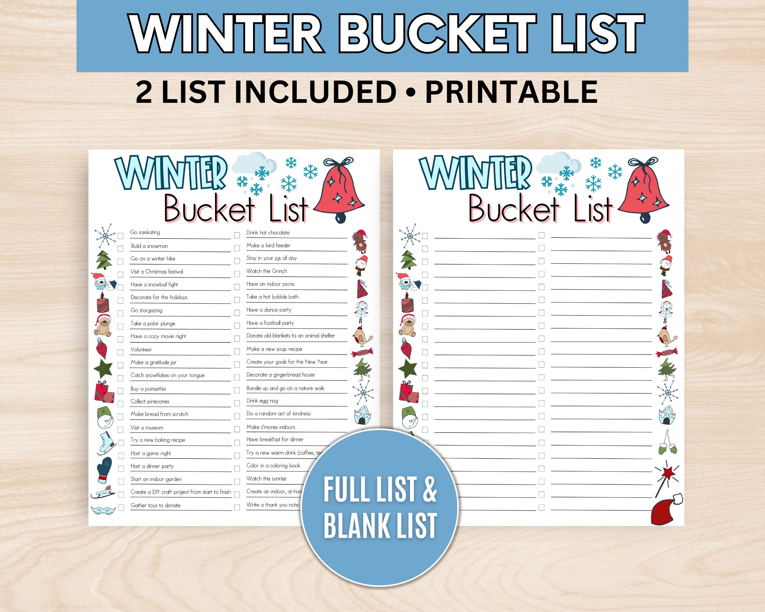Winter Bucket List | 2 Options Included | Winter to Do List | Winter ...