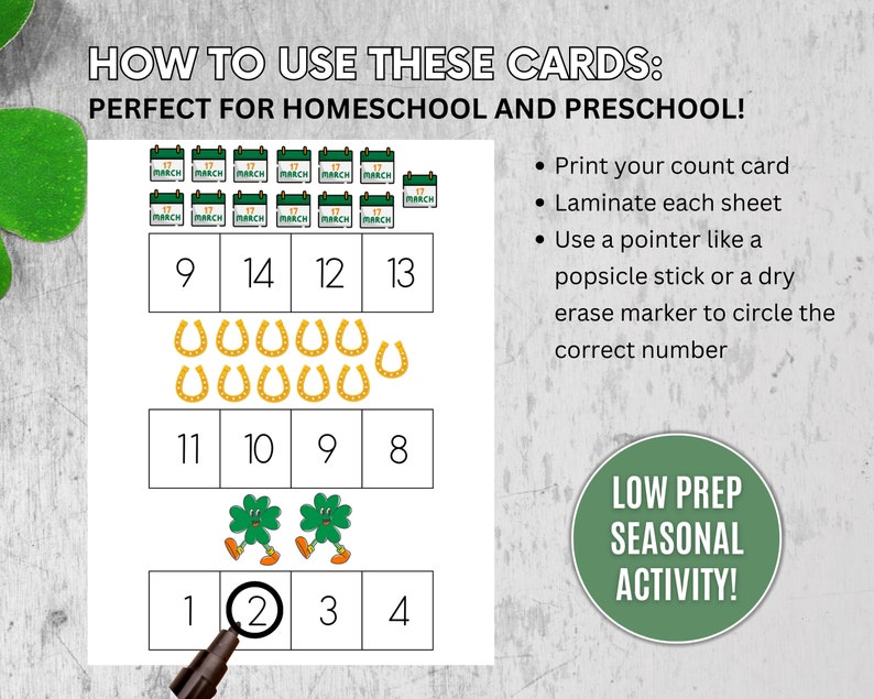 St Patrick's Day Counting Cards for Kids | Prek & Kindergarten Counting ...
