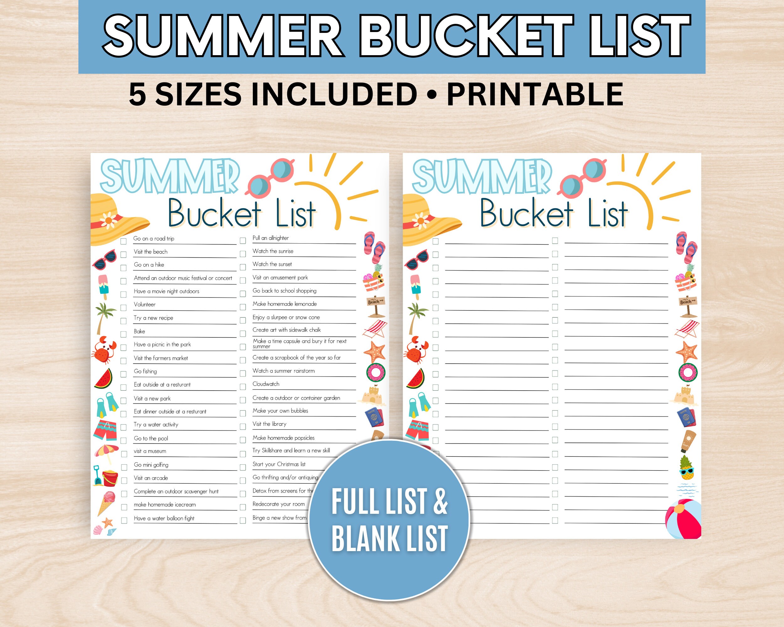 Summer Bucket List | Two Options Included One Filled Bucket List and ...