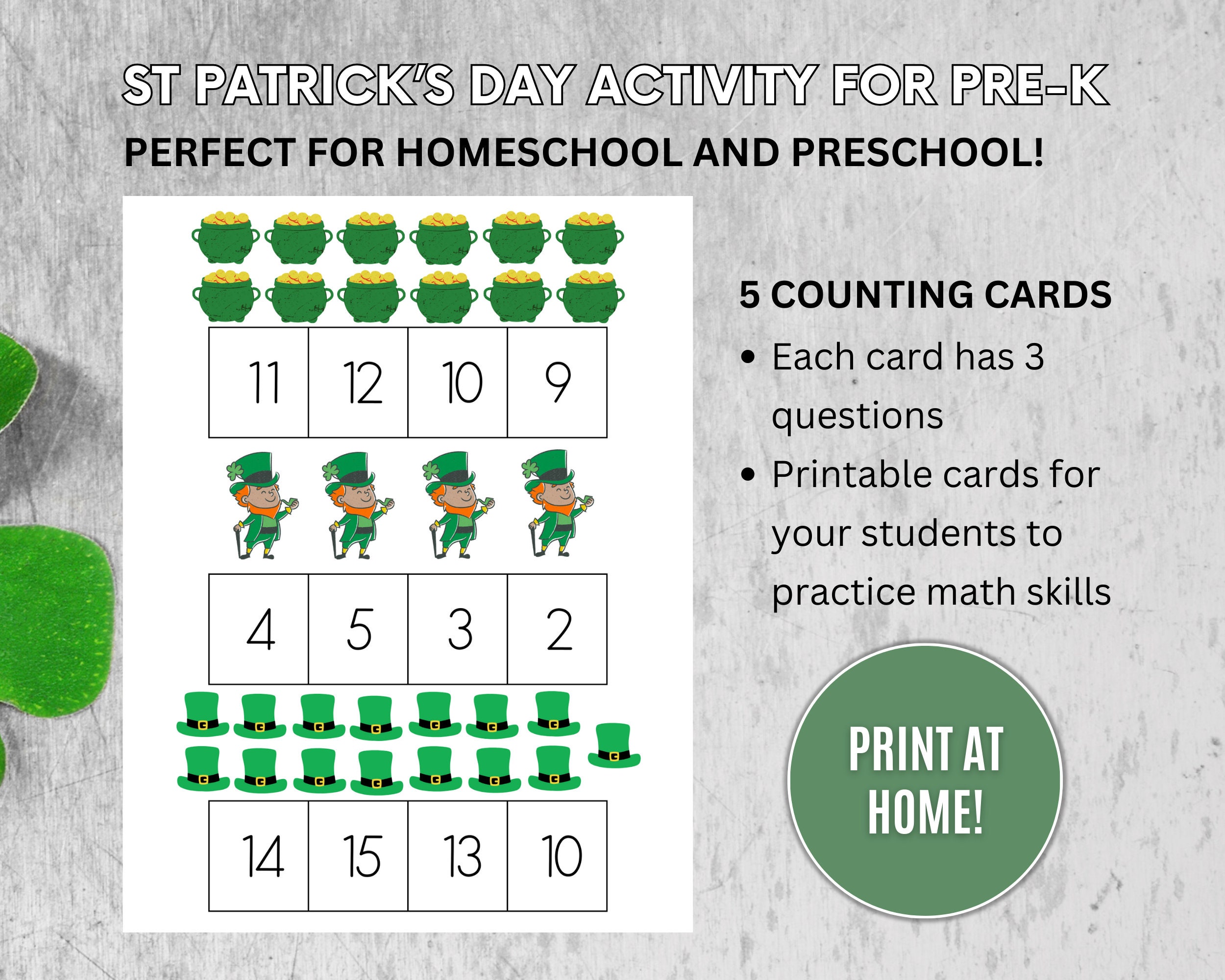 St Patrick's Day Counting Cards for Kids | Prek & Kindergarten Counting ...