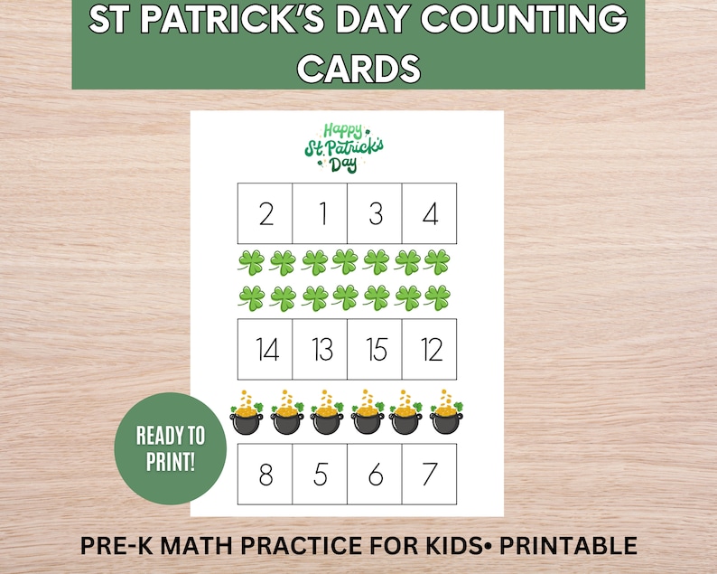 St Patrick's Day Counting Cards for Kids | Prek & Kindergarten Counting ...