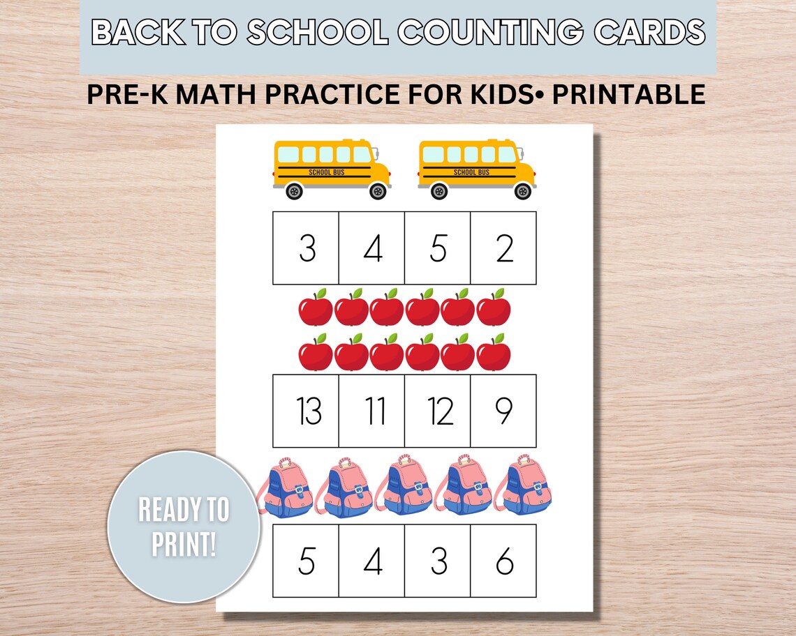 Back to School Counting Cards | Pre-k Math Activity | Kindergarten Math ...