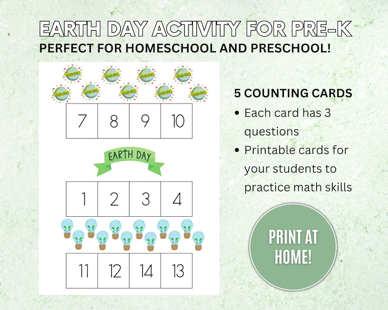 Earth Day Counting Cards for Kids | Preschool & Kindergarten Counting ...